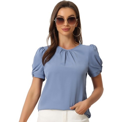 Allegra K Women's Ruched Sleeve Pleated Front Round Neck Blouse : Target