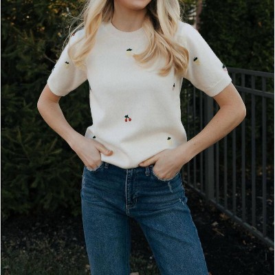 Women's Fruit Embroidered Sweater - Aaron & Amber : Target