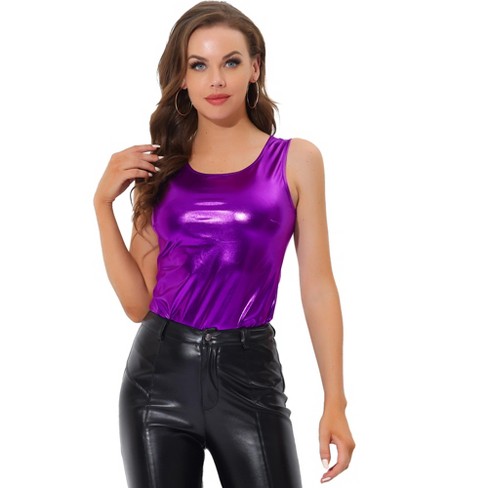 Allegra K Women's U-neck Stretchy Slim Fit Shiny Sparkly Metallic Tank ...