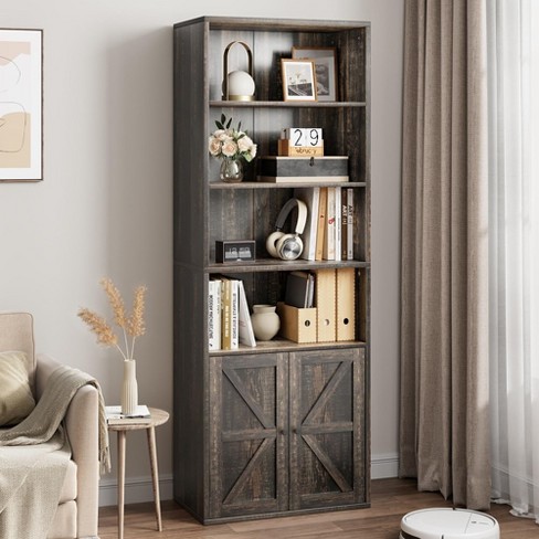 Bookcase With Doors Farmhouse Bookshelf 11.8in Depth Wooden Display ...