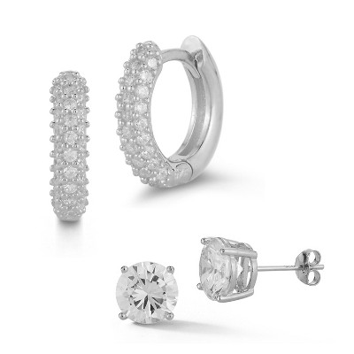 Sphera Milano Sterling Silver Front Pave Huggie Hoop and Stud Earrings ...
