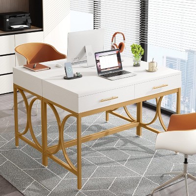Tribesigns 41" Computer Desk With 2 Drawers, Gold & White : Target