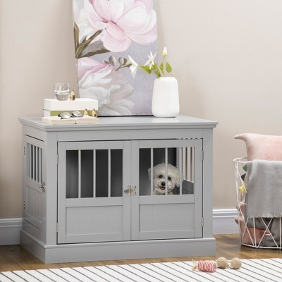 Pawhut Dog Crate End Table With Triple Doors, Wooden Dog Crate ...