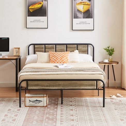 Vecelo Full Size Bed Frame With Industrial Wooden Headboard, Gray : Target