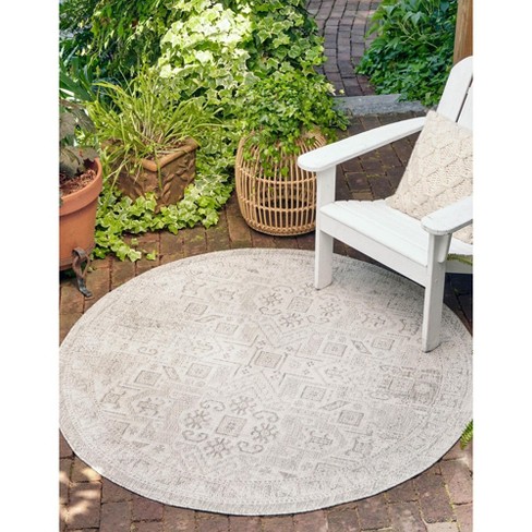 Unique Loom 5' 3 X 5' 3 Round Indoor/outdoor Aztec Light Gray Area Rug ...