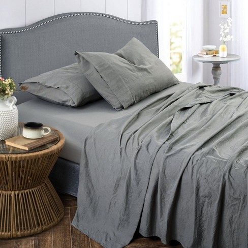 Prewashed Vintage Linen Style Crinkle 4-piece Sheet Set - Full, Gray ...