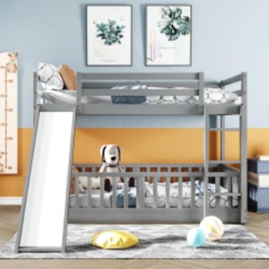 Xiyuyeu Twin Over Twin Bunk Bed With Ladder And Slide,wood Loft Bed With Fence For Bedroom,gray ...