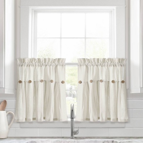 Set Of 2 (24"x29") Farmhouse Linen Button Kitchen Curtain Tiers Off ...