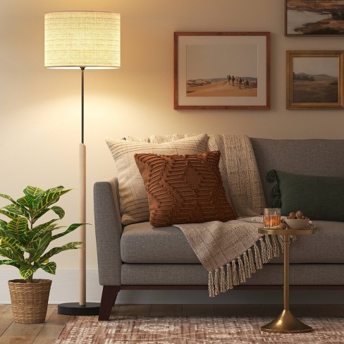 Stick Floor Lamp with Woven Paper Shade Metal Accents Includes LED Light Bulb Threshold