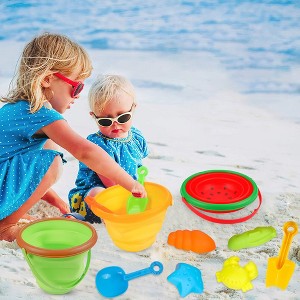 Whizmax 10PACK Beach Sand Toys Set Silicone Collapsible Foldable Beach Bucket Travel Beach Toys with Sand Molds Shovels Rakes 2.5L