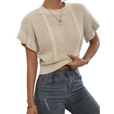 Womens Crochet Sweaters Short Ruffle Sleeve Sweaters With Round Neck ...