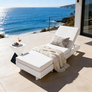 Acacia Wood Outdoor Chaise Lounge with 6-Position Adjustable, Cream 3 ...