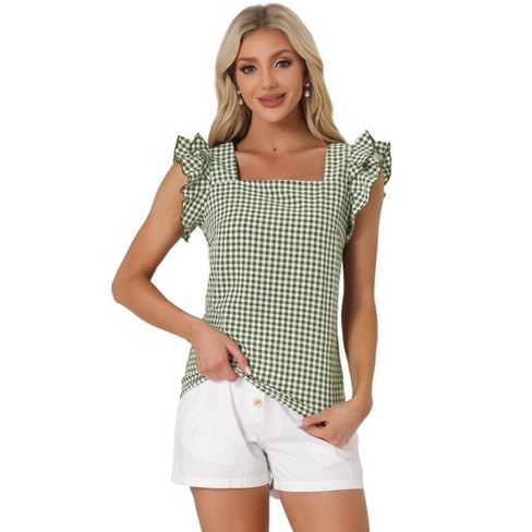 Allegra K Women's Summer Gingham Square Neck Ruffle Sleeve Blouse Dark ...