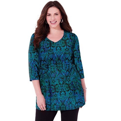 Catherines Women's Plus Size Easy Fit 3/4 Sleeve V-neck Tee - 5x, Teal ...