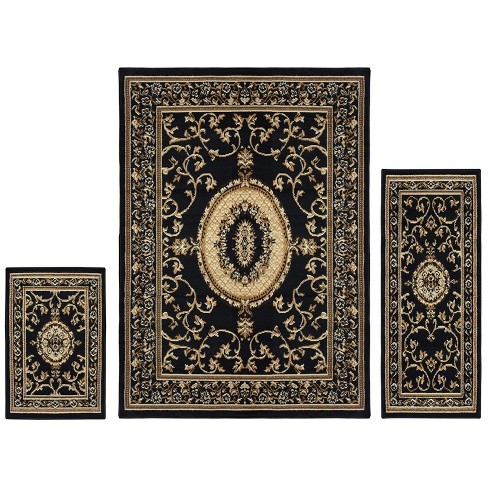 Formal Floral Scroll Vines Border 3 Piece Indoor Area Rug Set By Blue ...