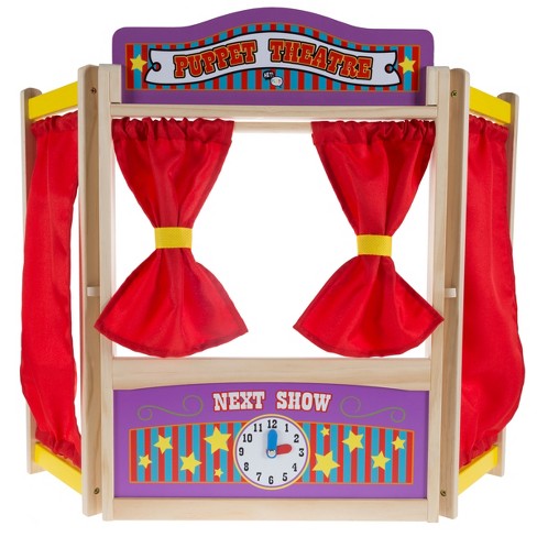 Toy Time Kids' Wooden Tabletop Puppet Theater With Curtains, Blackboard ...