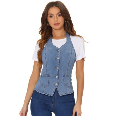 Allegra K Women's Denim Halter Neck Button Down Backless Jean Vest Dark ...