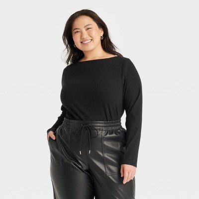 Women's Slim Fit Long Sleeve Ribbed Boat Neck T-shirt - A New Day ...