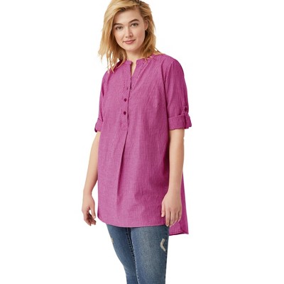 Ellos Women's Plus Size Striped Henley Tunic - 2x, Deep Magenta Stripe ...