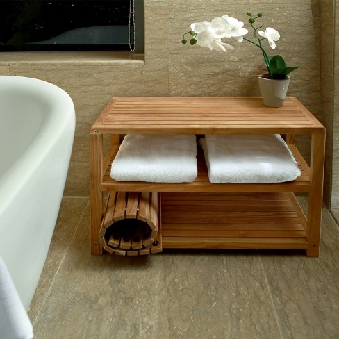 Nordic Teak 28 Natural Shower And Spa bathroom outdoor Storage Bench With Shelves Beige Target