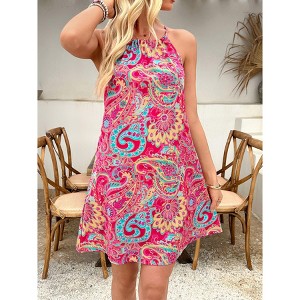 Women's Halter Neck Sleeveless Floral Print Sundress A Line Short Mini ...