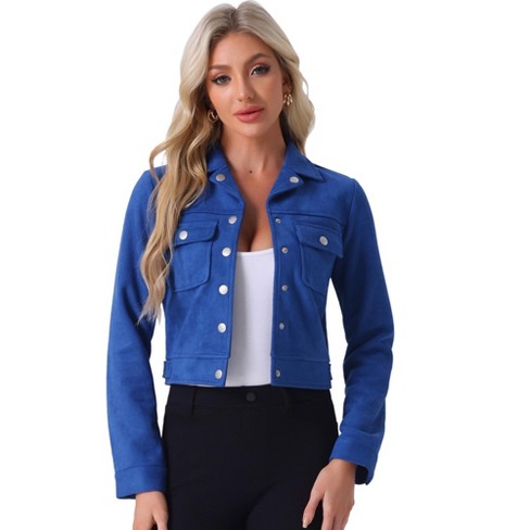 Inspire Chic Women's Casual Faux Suede Notched Collar Button Up Cropped ...