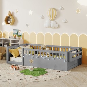 Twin Montessori Floor Bed Frame with High Rails, Light, and Storage ...
