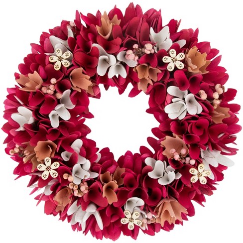 Northlight Wooden Floral Spring Wreath With Berries - 13" - Fuchsia ...