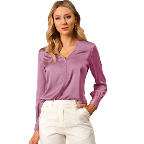Allegra K Women's Elegant Satin Long Sleeve Office Work Blouses Purple ...
