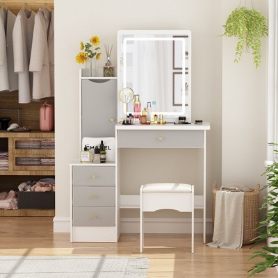 Famapy White 35 Wide Makeup Vanity Set with Stool and Mirror 3 Color Touch Light Dressing Table Vanity Dresser