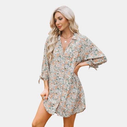 Women's Long Sleeve Botanical Buttoned Shirt Dress - Cupshe-small ...