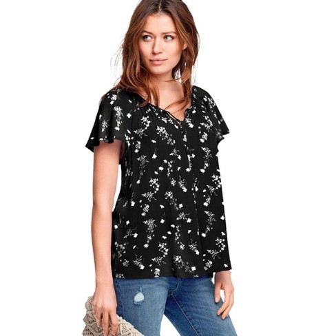 Ellos Women's Plus Size Flutter Sleeve Blouse - 20, Black Floral : Target