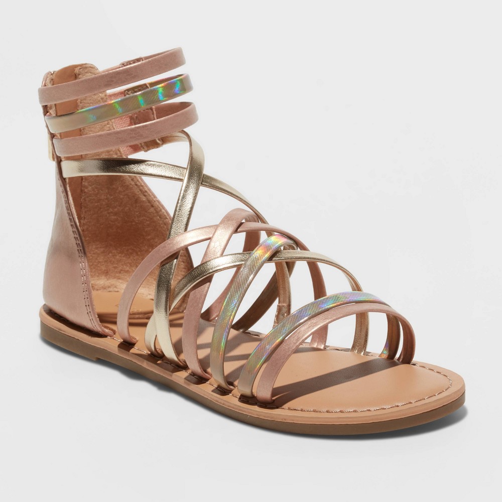 Girls' Dion Zipper Metallic Ankle Strap Sandals - Cat & Jack Rosegold 4