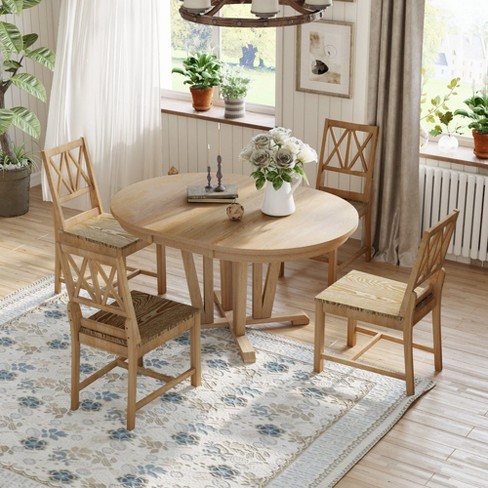 Rustic 5-piece Round Dining Set: Extendable Trestle Table, 4 Cross Back ...