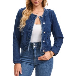INSPIRE CHIC Women's Collarless Denim Frayed Edge Long Sleeve Button ...