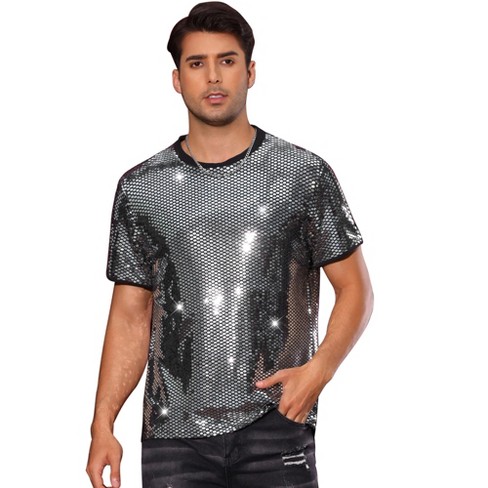 Lars Amadeus Men's Sequin Party Short Sleeve Metallic Club Glitter T-shirts Silver Large : Target
