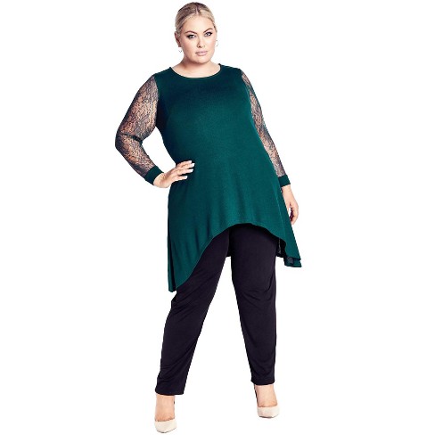 Avenue Women's Plus Size Lacey Sleeve Tunic - 18, Dark Sea : Target