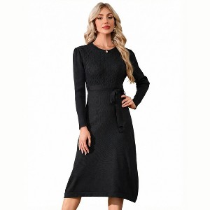 Women's Long Sleeves Knit Dress with Tie Waist Elegant Belted Sweater ...