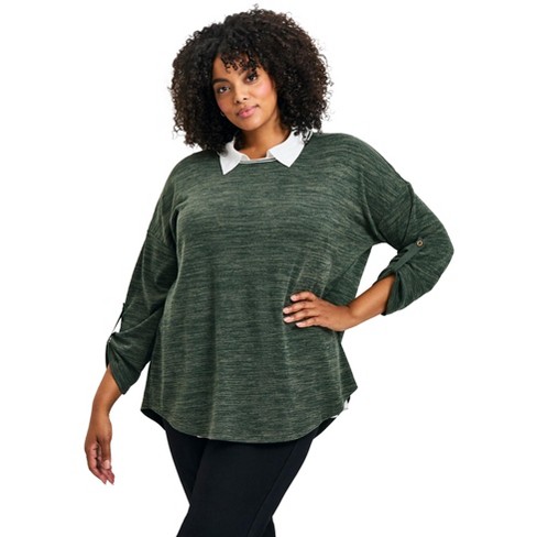 Avenue Women's Plus Size Tara 2fer Hacci Top - 14, Olive : Target