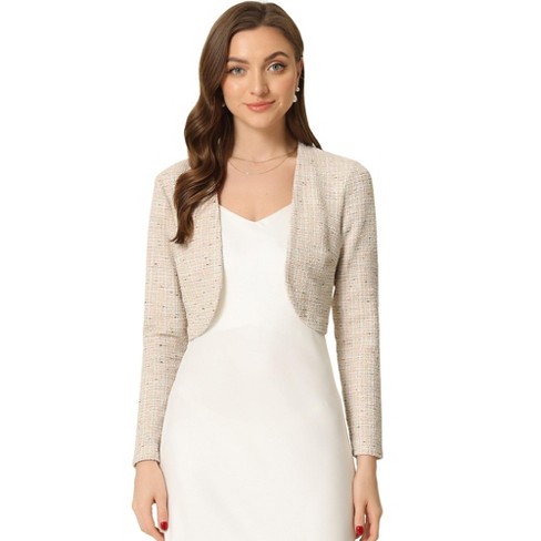 Allegra K Women's Vintage Plaid Tweed Open Front Cropped Bolero Shrug Beige Large : Target