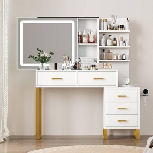 Vanity Desk With Mirror, Makeup Vanity Desk Charging Station,led Light ...