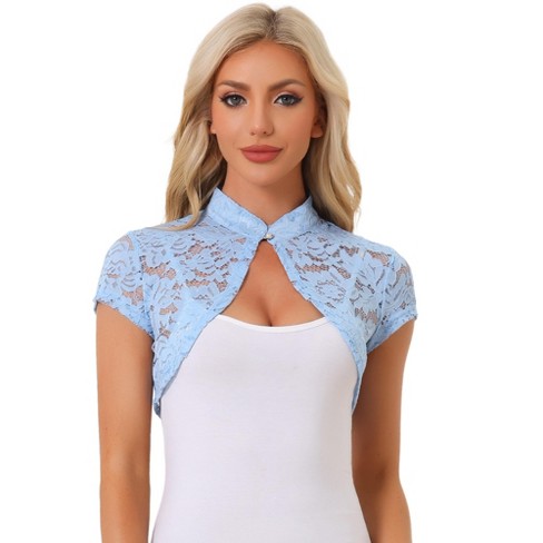 Allegra K Women's Lace Stand Collar Pearl Button Short Sleeve Cropped ...