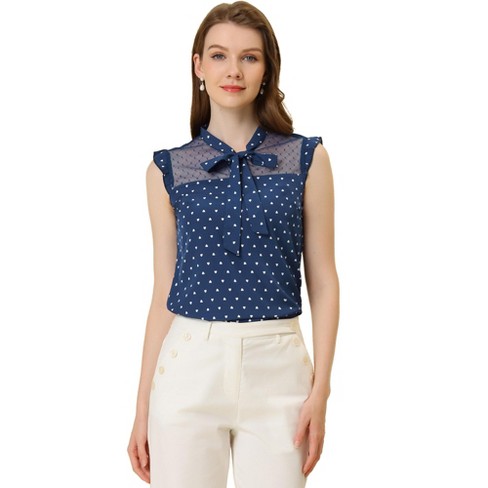 Allegra K Women's Sleeveless Tie Neck Mesh Panel Blouse Dark Blue Small ...