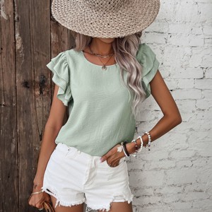 Clearly Aqua Solid Color Ruffled Short Sleeve Casual Blouse : Target
