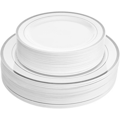 Aya's 60 Silver Rimmed Plastic Plates for Party, Heavy Duty Disposable ...