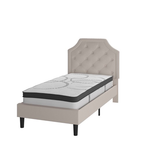 Flash Furniture Brighton Twin Size Tufted Upholstered Platform Bed in Beige Fabric with 10 Inch CertiPUR US Certified Pocket Spring Mattress