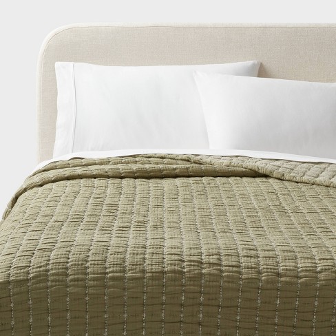 Full/queen Yarn Dye Crinkle Grid Quilt Moss Green - Threshold™: Cotton ...