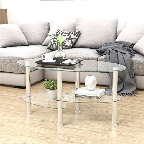 Glass Coffee Table, Side Tables Living Room With Oak Table Legs, 3-tier ...