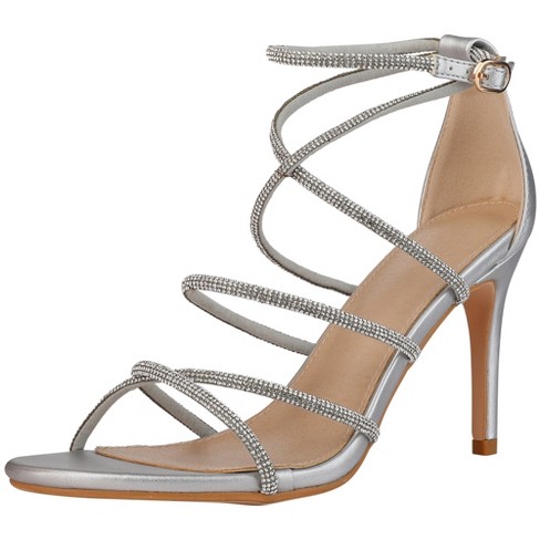 Perphy Women's Rhinestone Strappy Open Toe Stiletto Heel Ankle Strap Gladiator Sandals Silver 7 ...