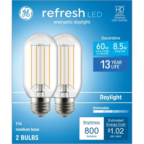 Ge 2pk 60w Refresh T14 Led Light Bulbs Daylight: Dimmable, 800 Lumens ...